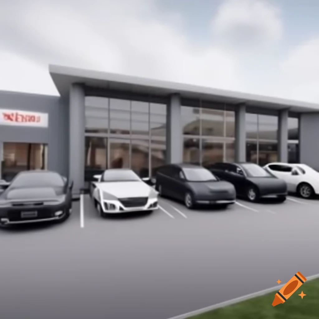 Modern car rental office with various cars parked outside on Craiyon