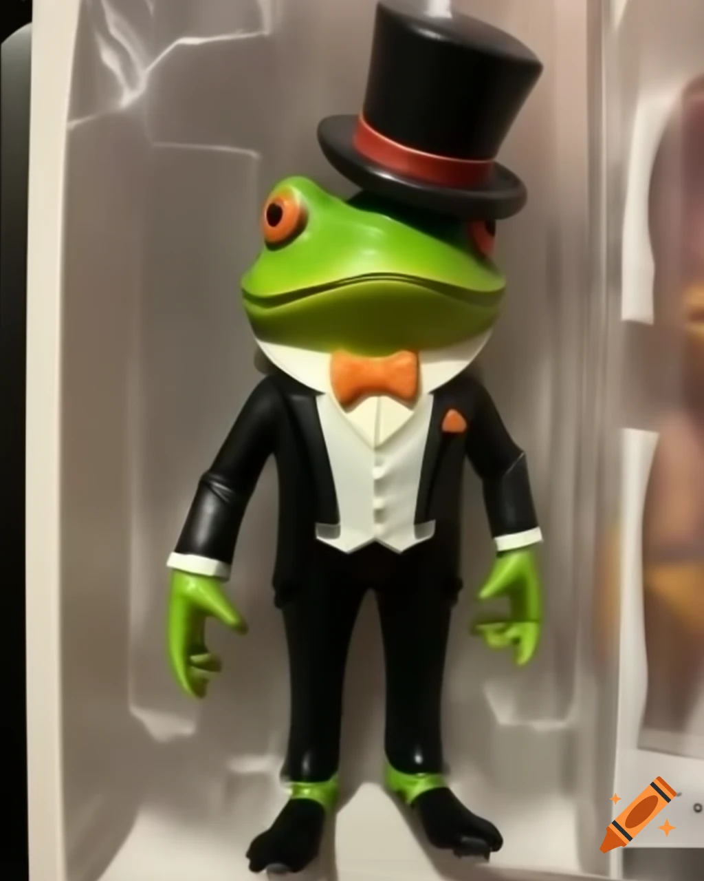 Amigurumi frog wearing black hat and tuxedo on Craiyon