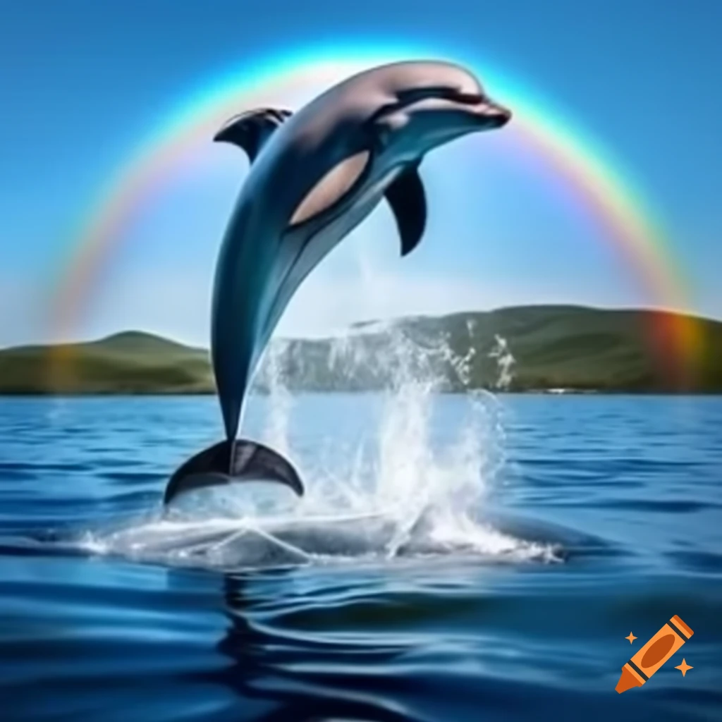 Dolphin leaping from water with rainbow in the sky on Craiyon