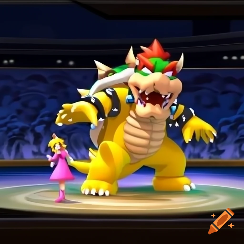 Bowser confronts Princess Peach on stage in 2000s anime style on Craiyon