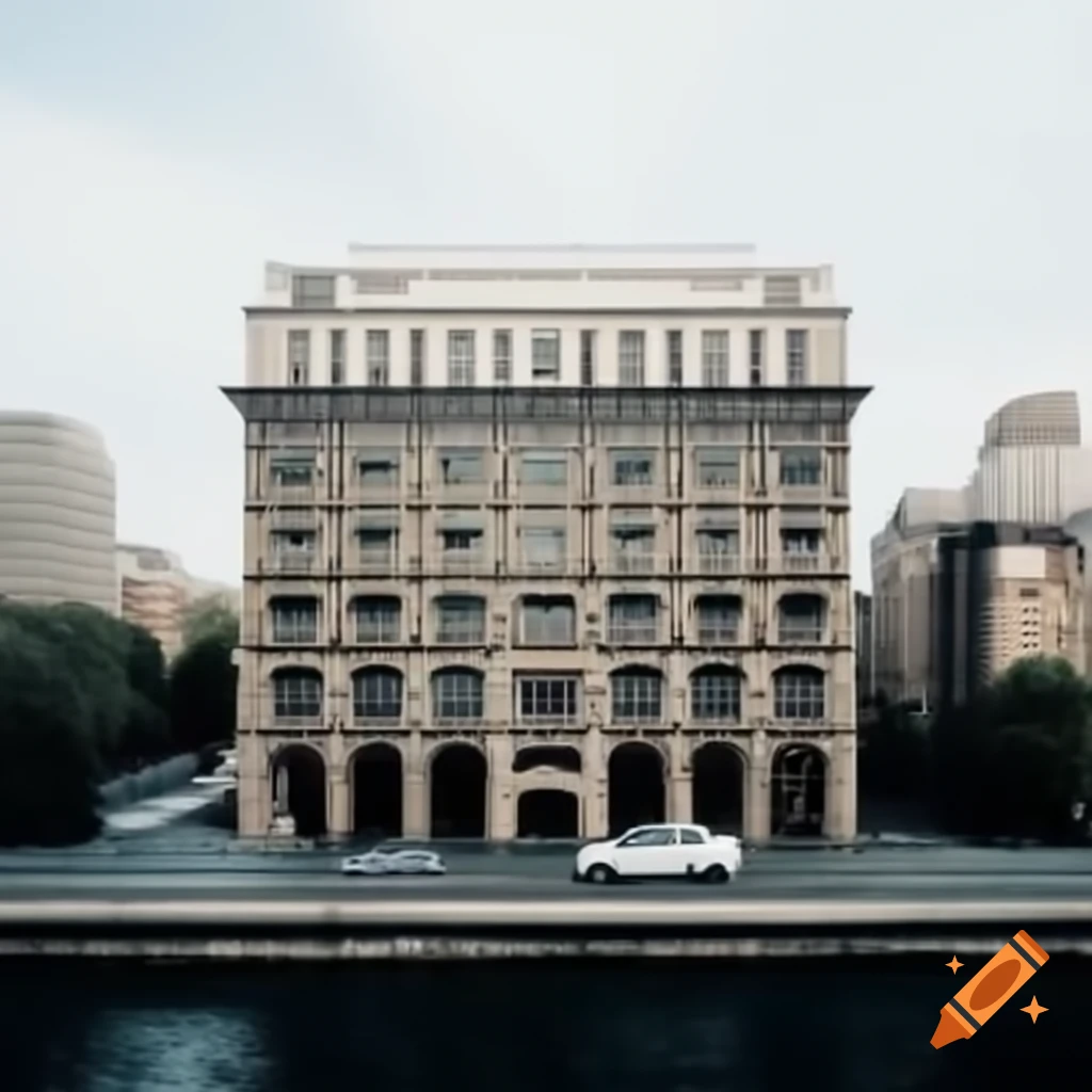 Line of buildings with road and moving car beside river with boat on ...