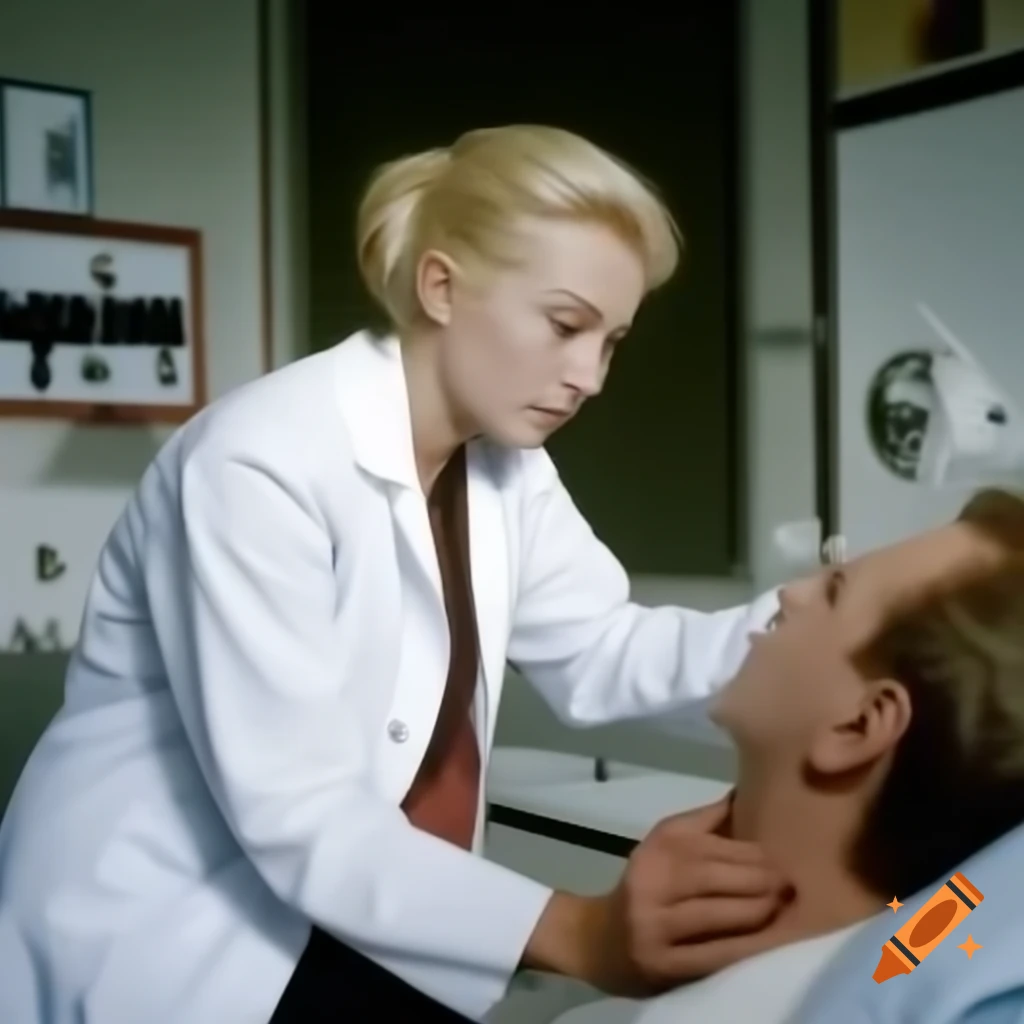 Painting of a woman doctor connecting a patient to a machine with a ...