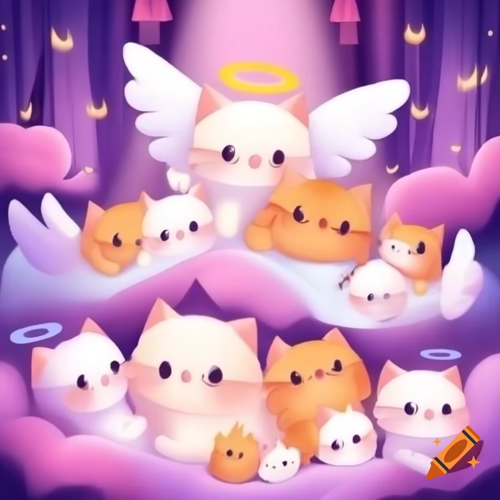 Group of cute angel kittens with wings and halos in pink and purple ...