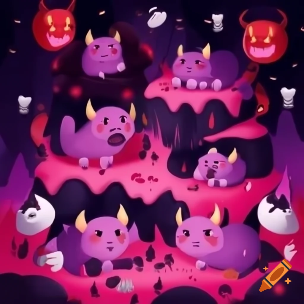Cute devil horned kittens in pink and purple themed hell, anime style ...