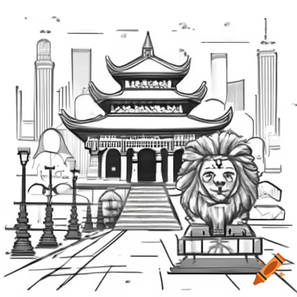 Temple with lion sculpture in urban setting, painting on Craiyon