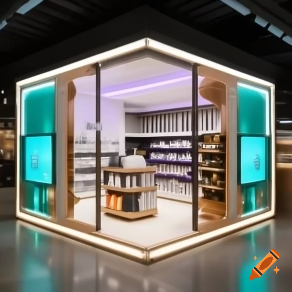 Futuristic shop interior with white, orange, and purple colors on Craiyon