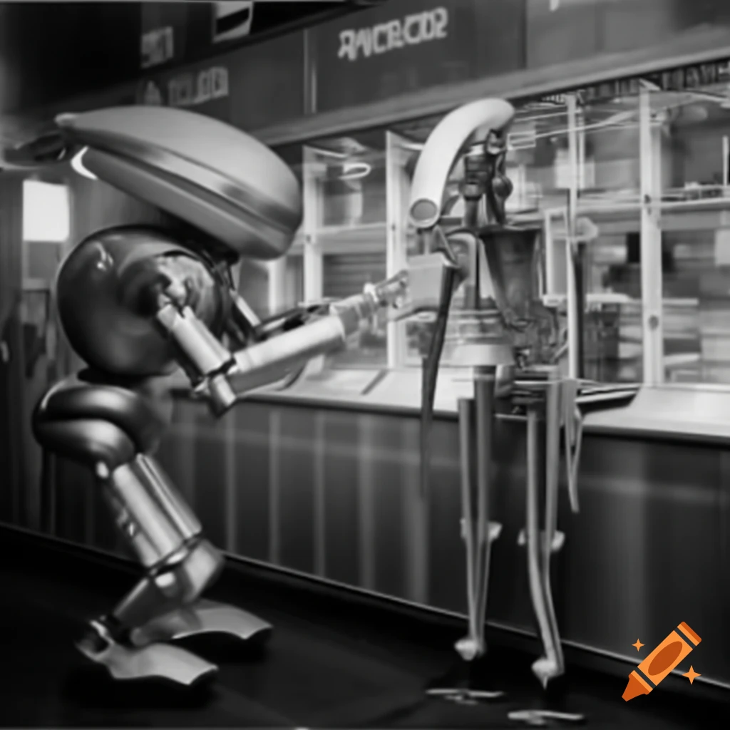 Vintage 1920s photograph of alien robots in ice cream store on Craiyon