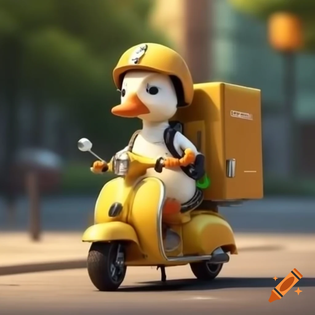 Delivery duck on scooter with yellow Glovo backpack on Craiyon