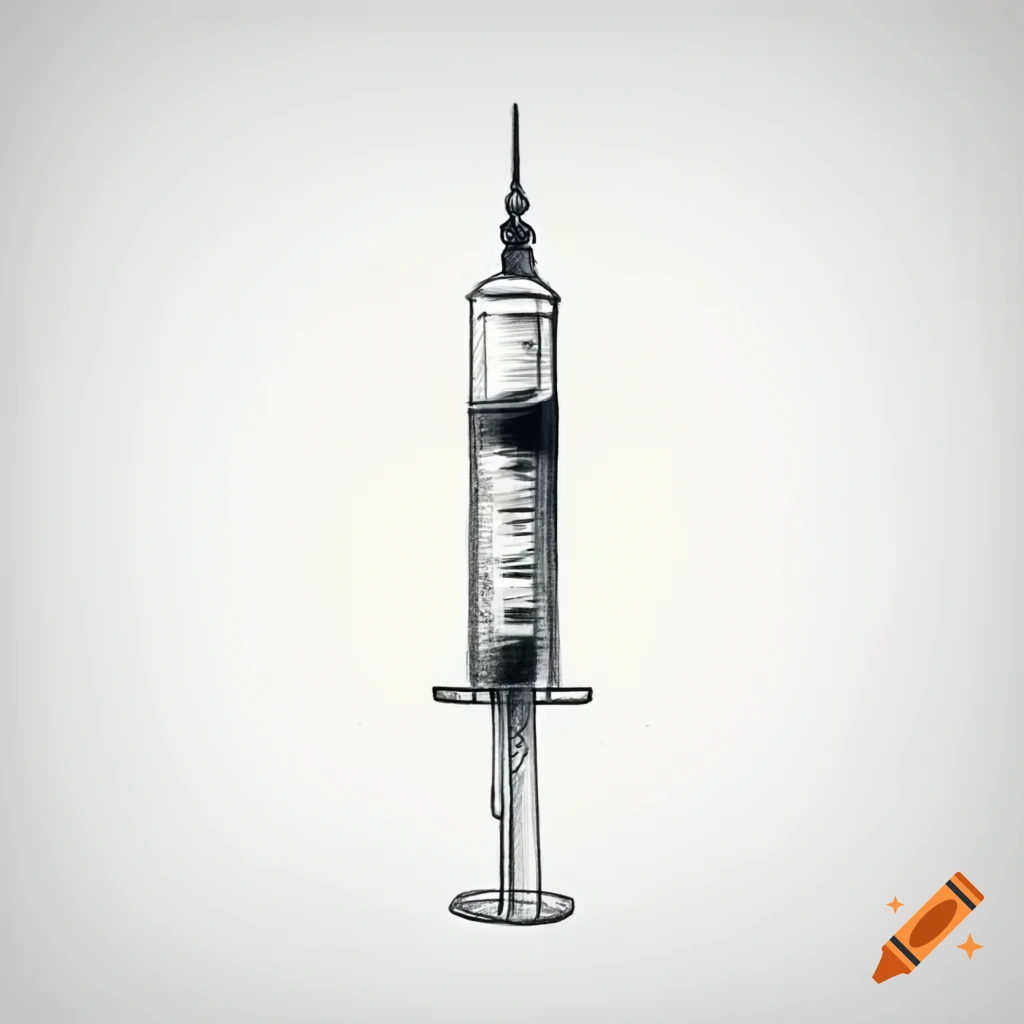 Detailed pencil sketch of a syringe in black and white on Craiyon