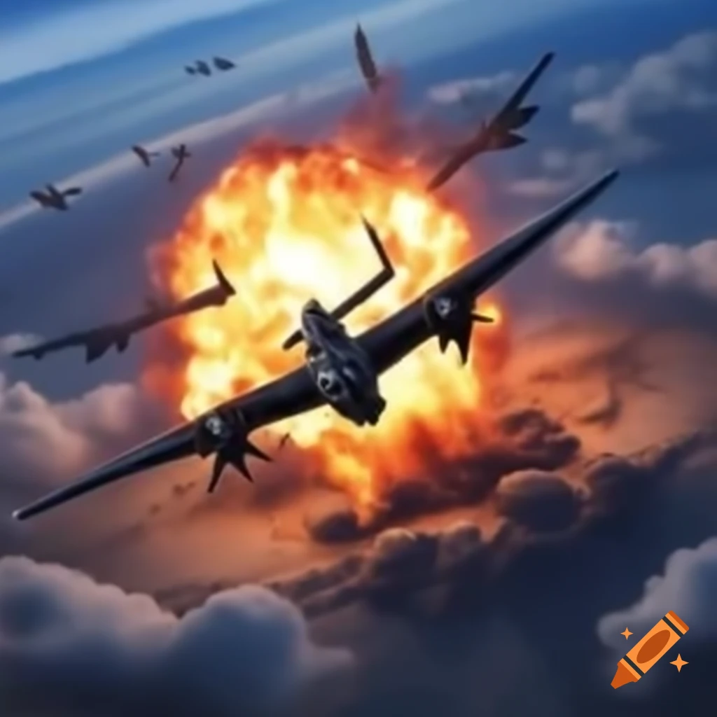 B25 bombers flying over large explosion in the sky on Craiyon
