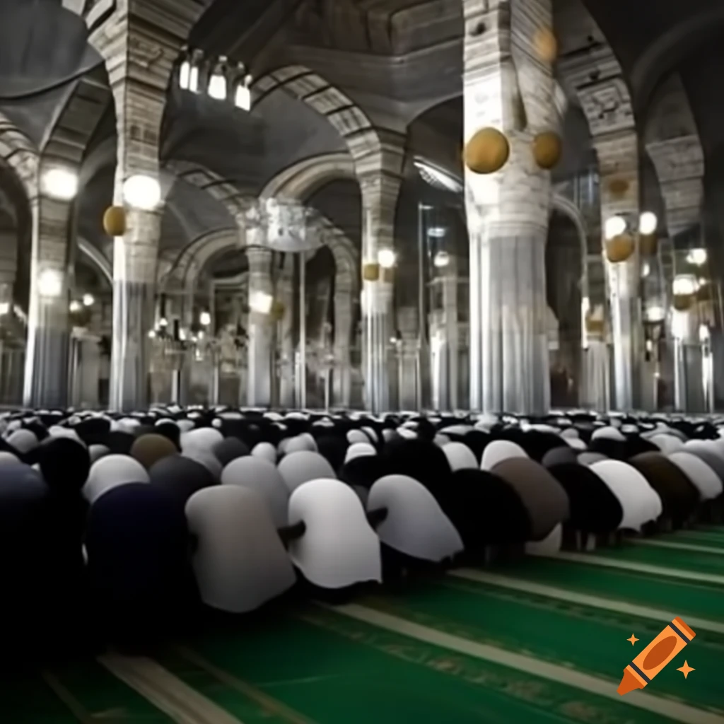 Muslims engaging in prayer inside a mosque on Craiyon