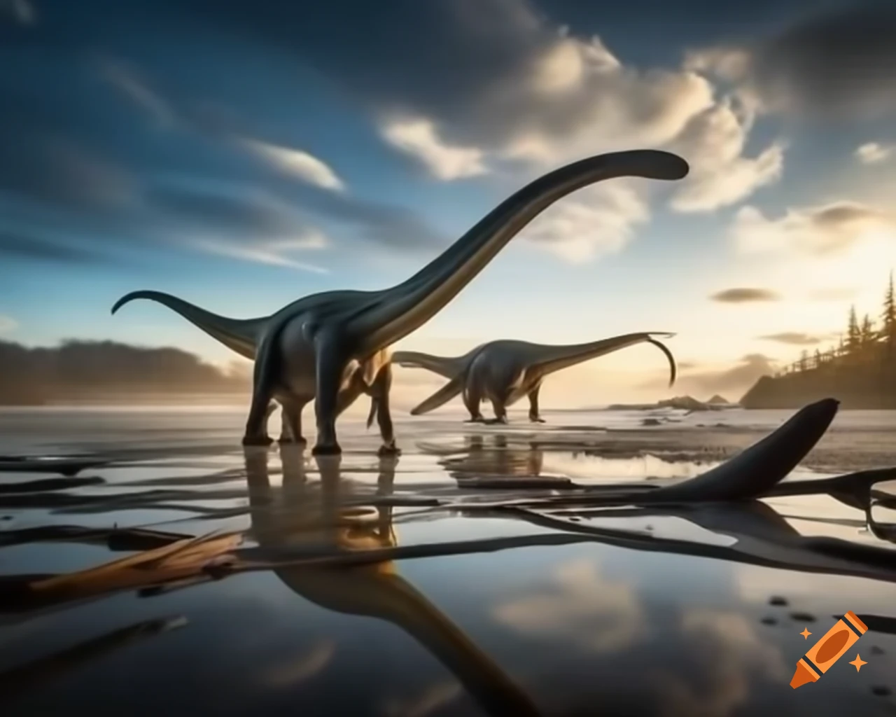 Diplodocus walking along puddly coast with driftwood at golden hour on ...