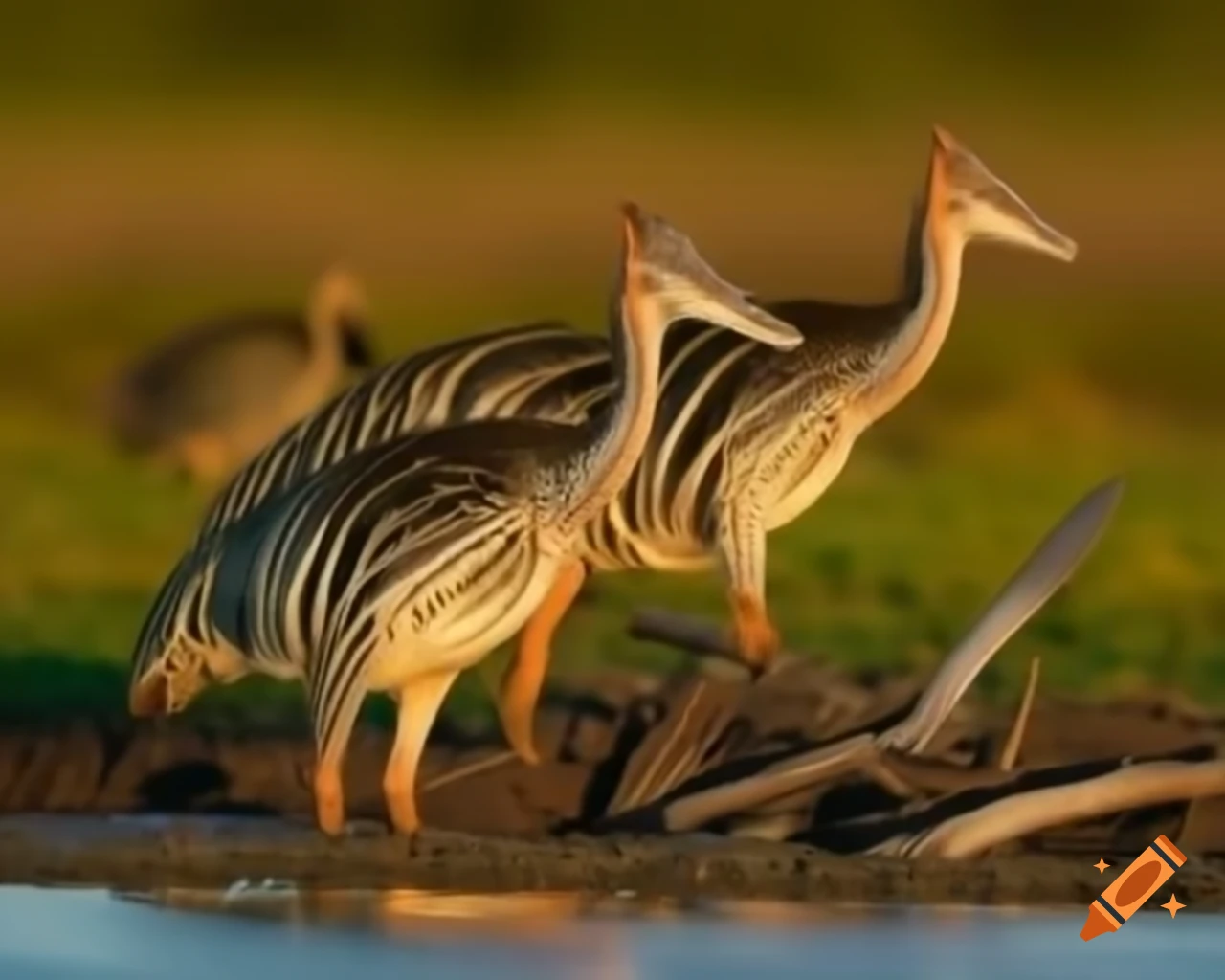 Cinnamon-colored and grey striped Parasaurolophus in marshland during ...