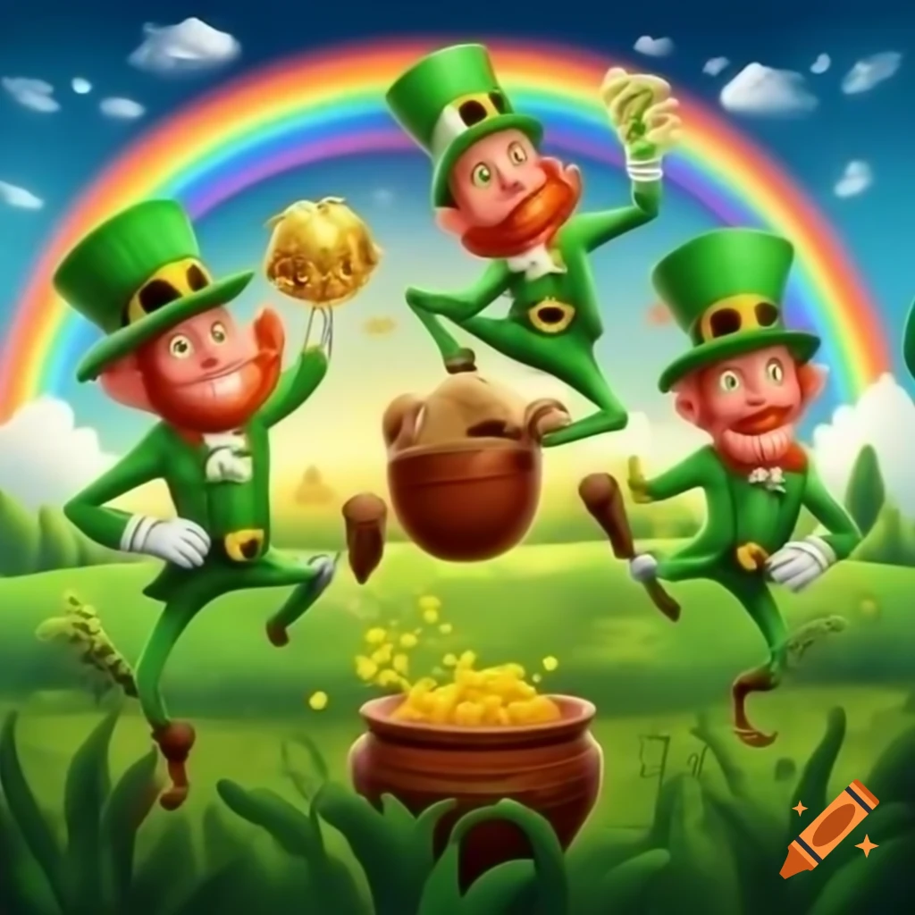 Pot of gold at the end of rainbow surrounded by greenery and sunshine ...