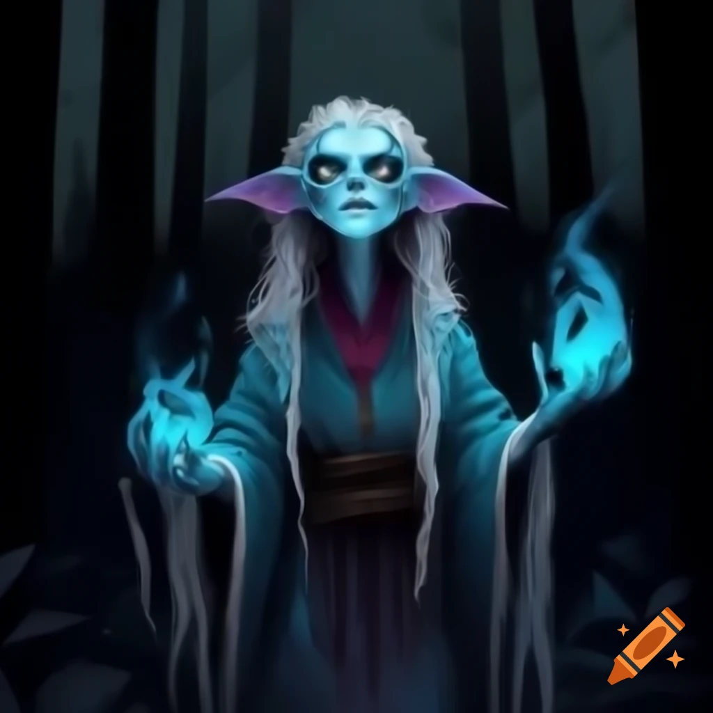 Zombie lady of the frozen lake wizard, dark forest background, magic ...