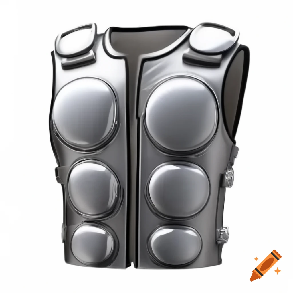 Futuristic military vest with shiny silver fabric and padded protection ...