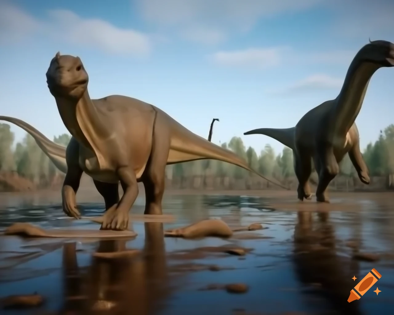 A realistic Tyrannosaurus Rex stands next to a silver DeLorean with its ...