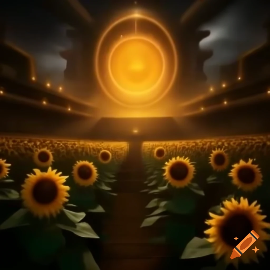 Glowing sunflowers in underdark with amphitheater and cultists on Craiyon