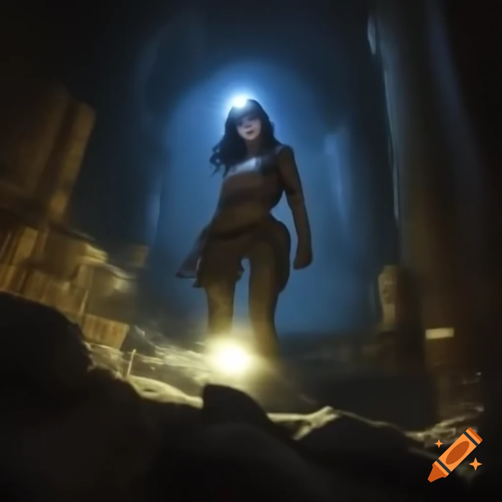 Plain woman with flashlight and hard helmet exploring dark cavern with ancient ruins on Craiyon