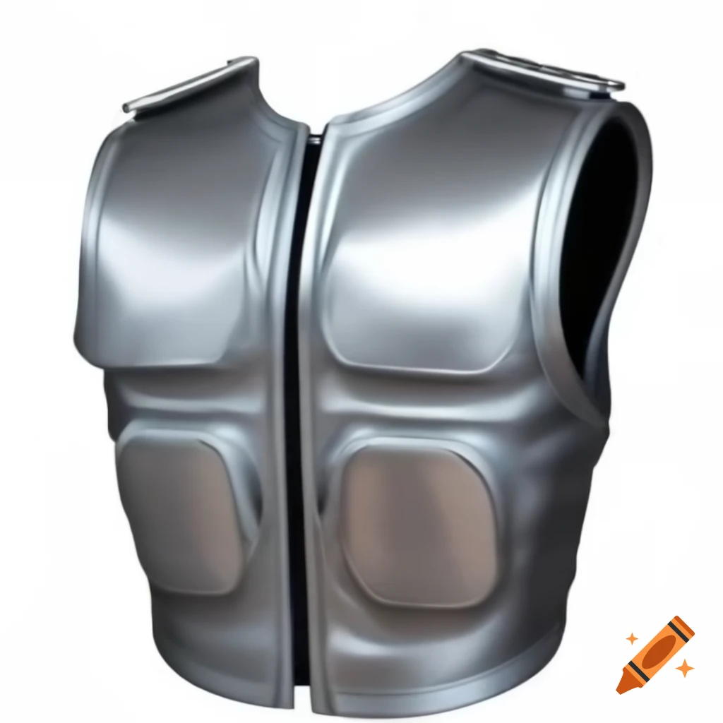 Futuristic military vest with shiny silver fabric and padded protection ...