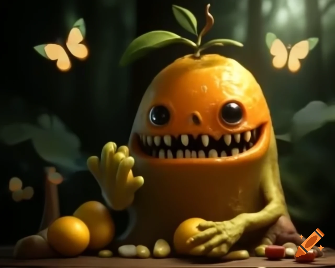 3D fruit tree monster with human face made of lemon on wooden table in ...