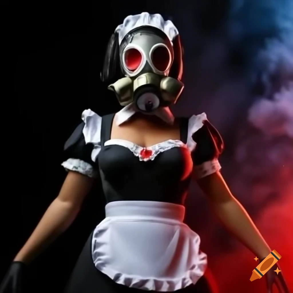 Realistic female comic book villain maid with gas mask amidst smoke on ...