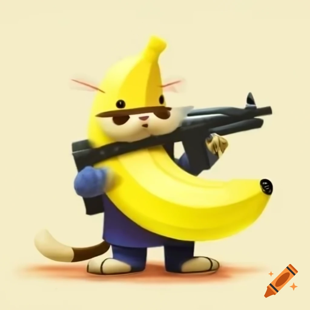 Cat in banana costume holding toy weapon, MS Paint style drawing on Craiyon
