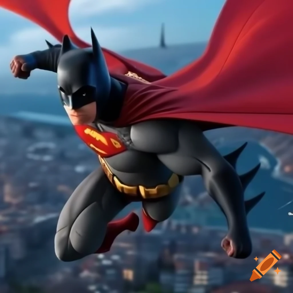 Batman in red costume flying above istanbul with superman on Craiyon