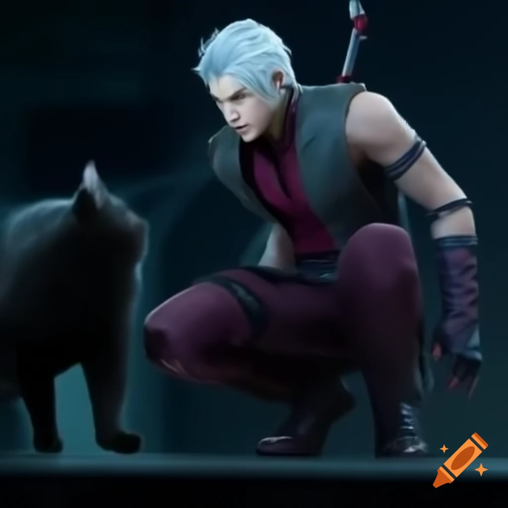 Vergil from Devil May Cry staring at a cat with intensity on Craiyon