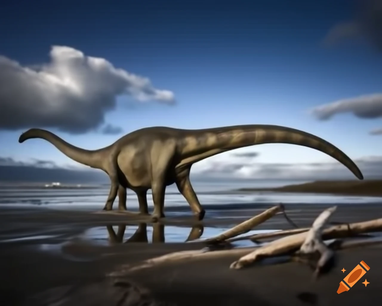 Diplodocus walking along coastal puddles with driftwood in British ...