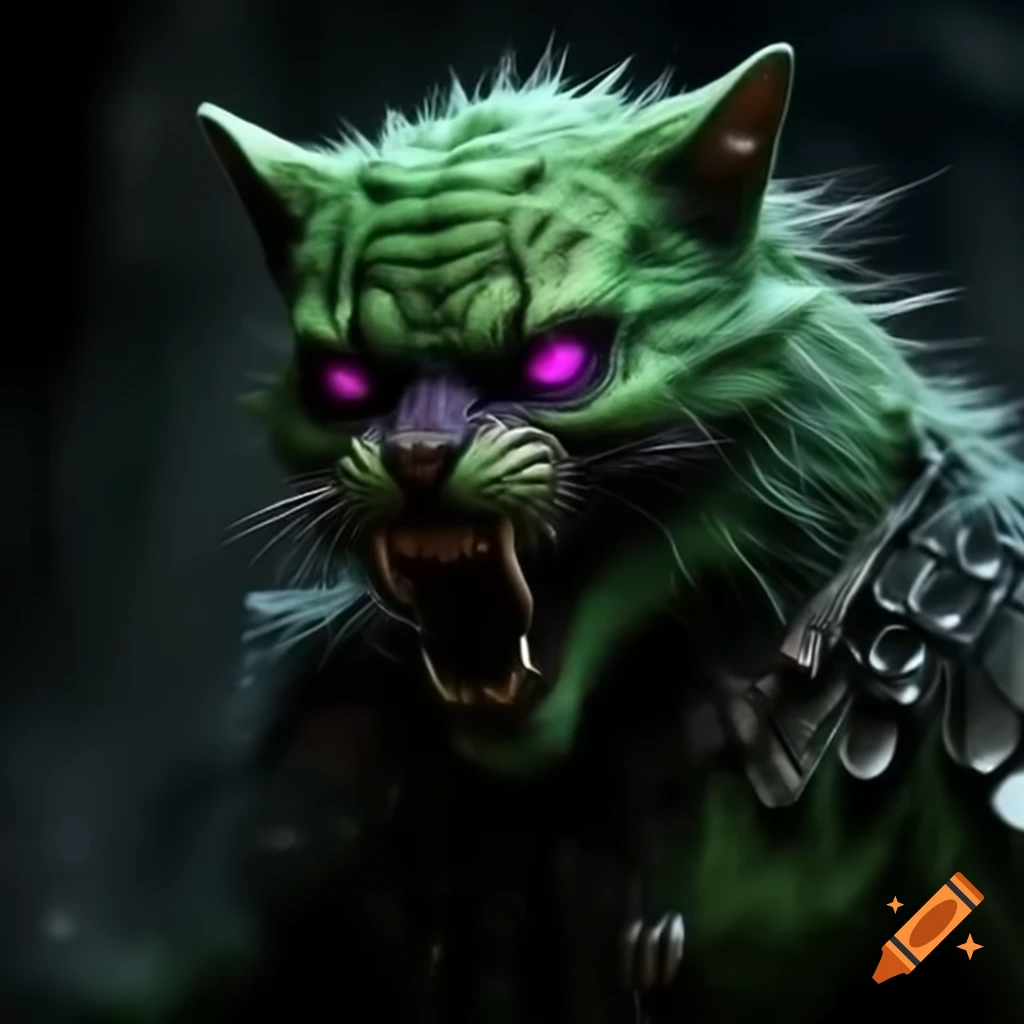 A green punk, purple glowing half-cat half-monster with metal teeth ...