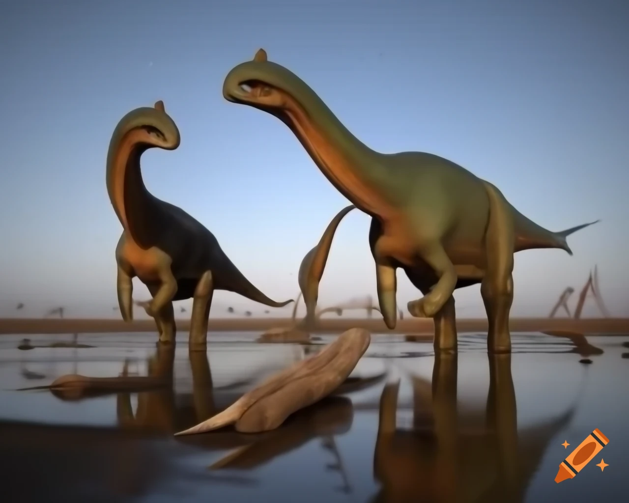 Three cinnamon-colored striped Hadrosaurus dinosaurs in muddy flat with driftwood in morning ...