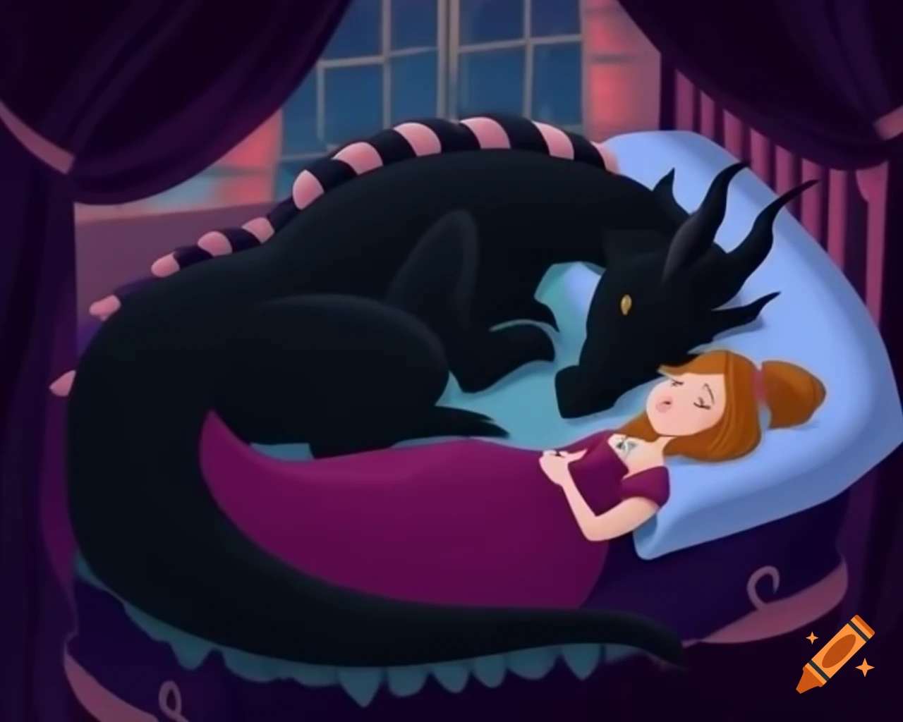 Great black dragon and princess peacefully sleeping in luxurious bed on ...