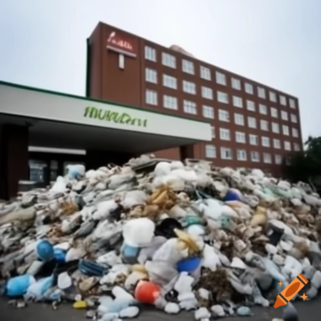 Hotel with large rubbish piles in front on Craiyon
