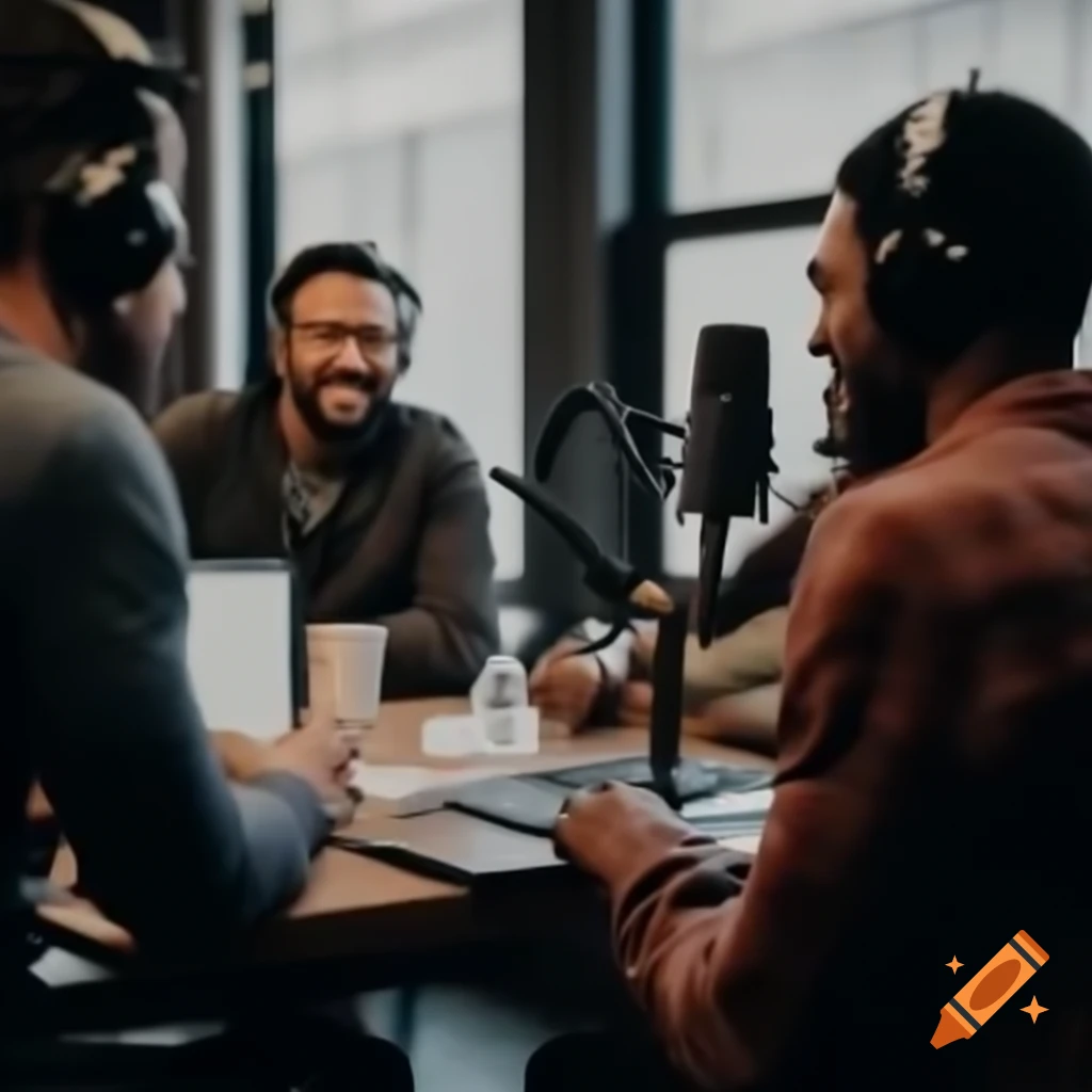 Two people recording a podcast in a studio with microphones and ...