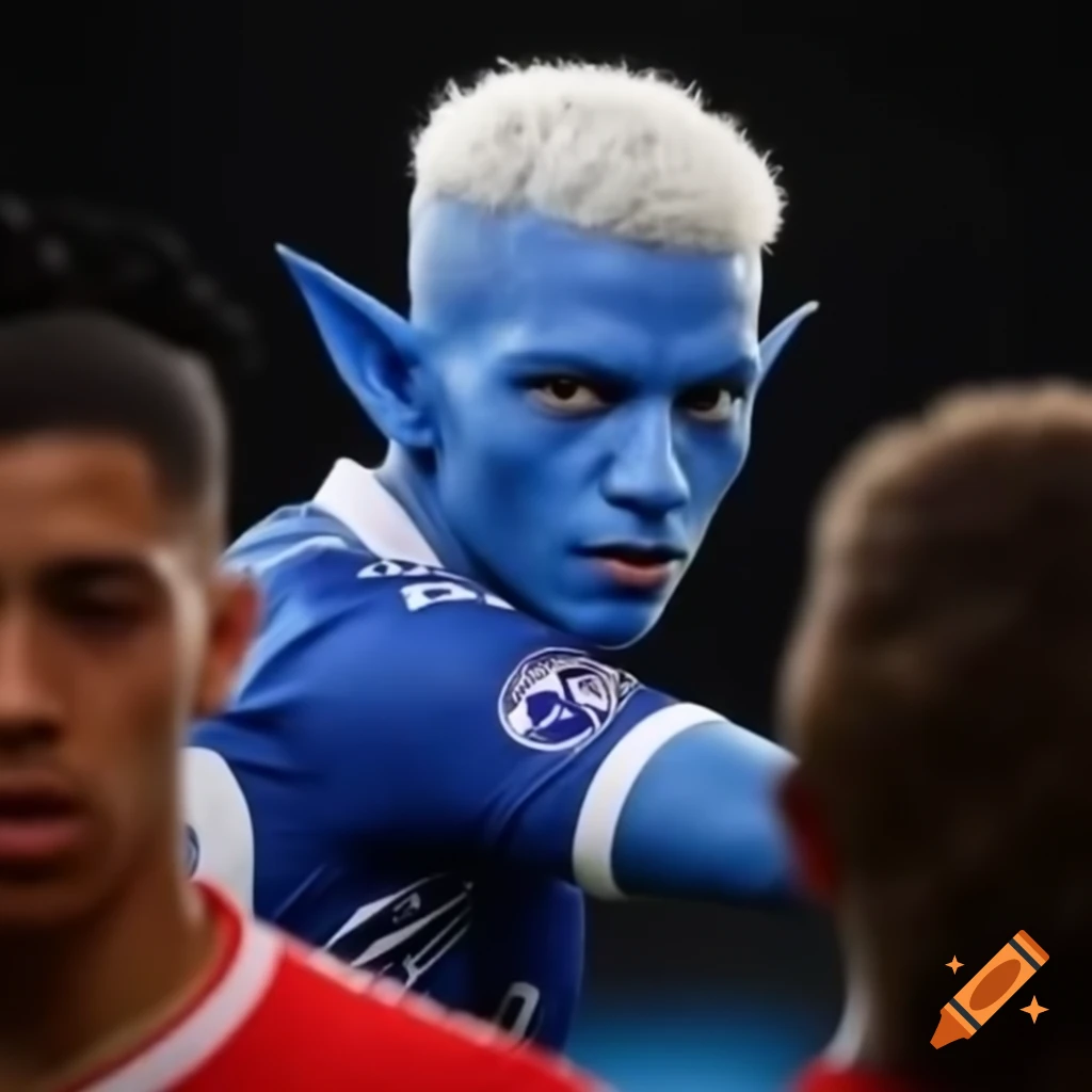 Humanoid soccer players with blue and maroon hair in jerseys on Craiyon