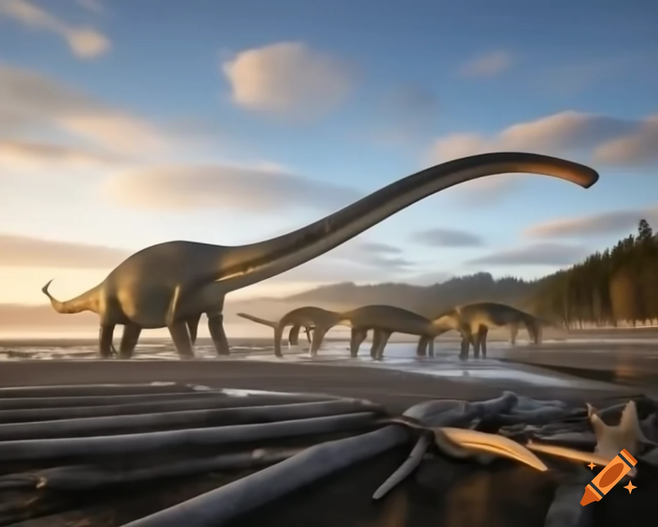 Diplodocus walking along puddly coast with driftwood at golden hour in ...
