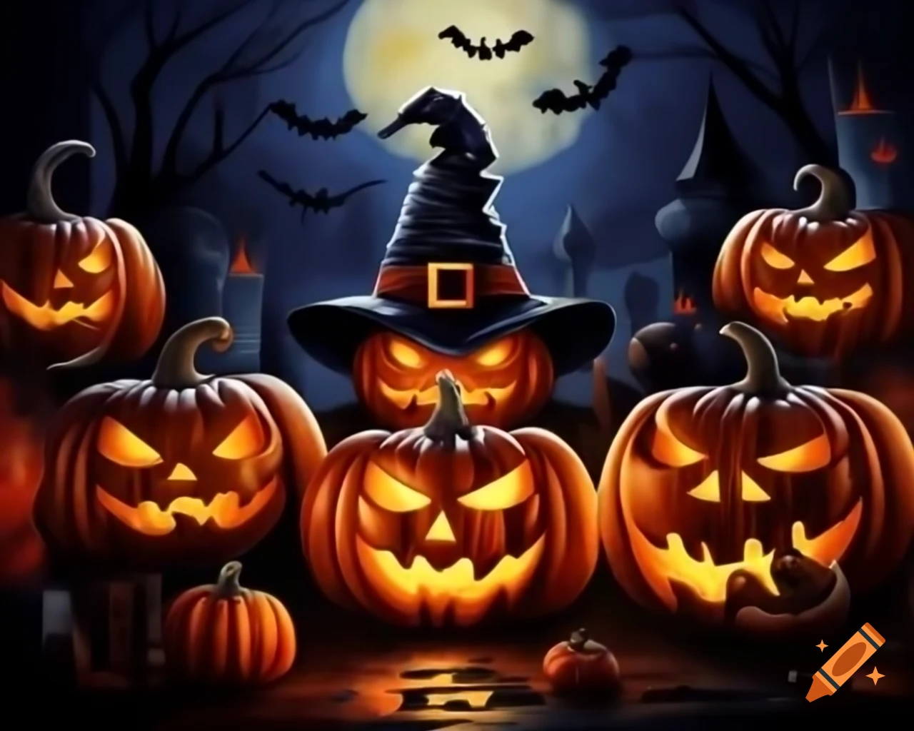 Halloween scene with haunted house, glowing windows, twisted trees, and ...