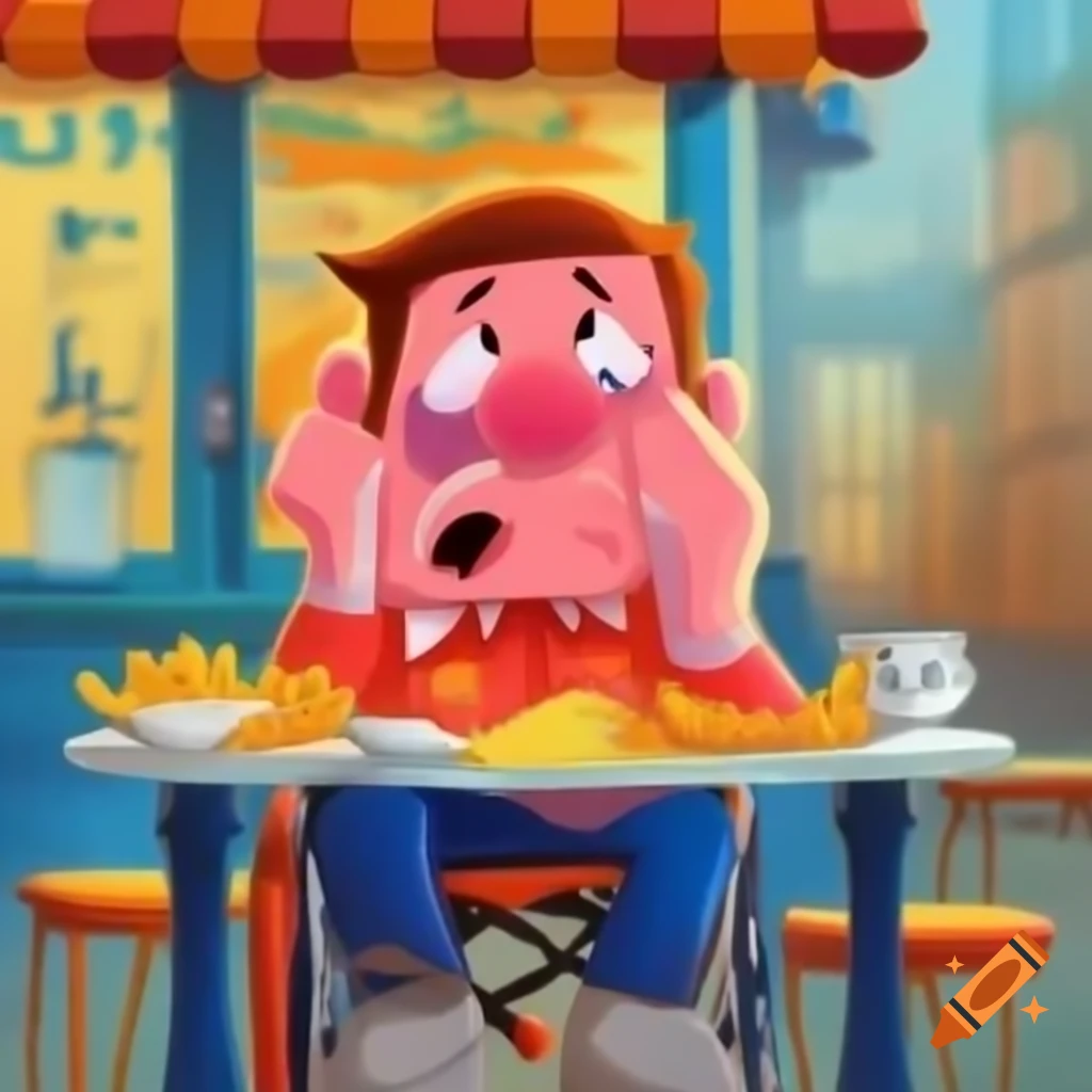 Sad man in wheelchair eating fish and chips at cafe, Disney cartoon ...