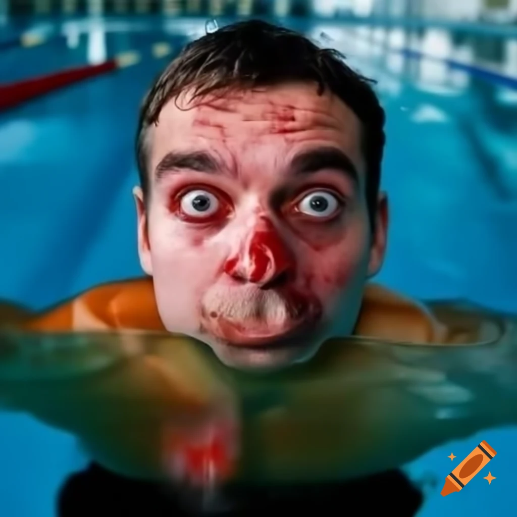 Close up of a man with a bloody nose swimming in indoor pool on Craiyon