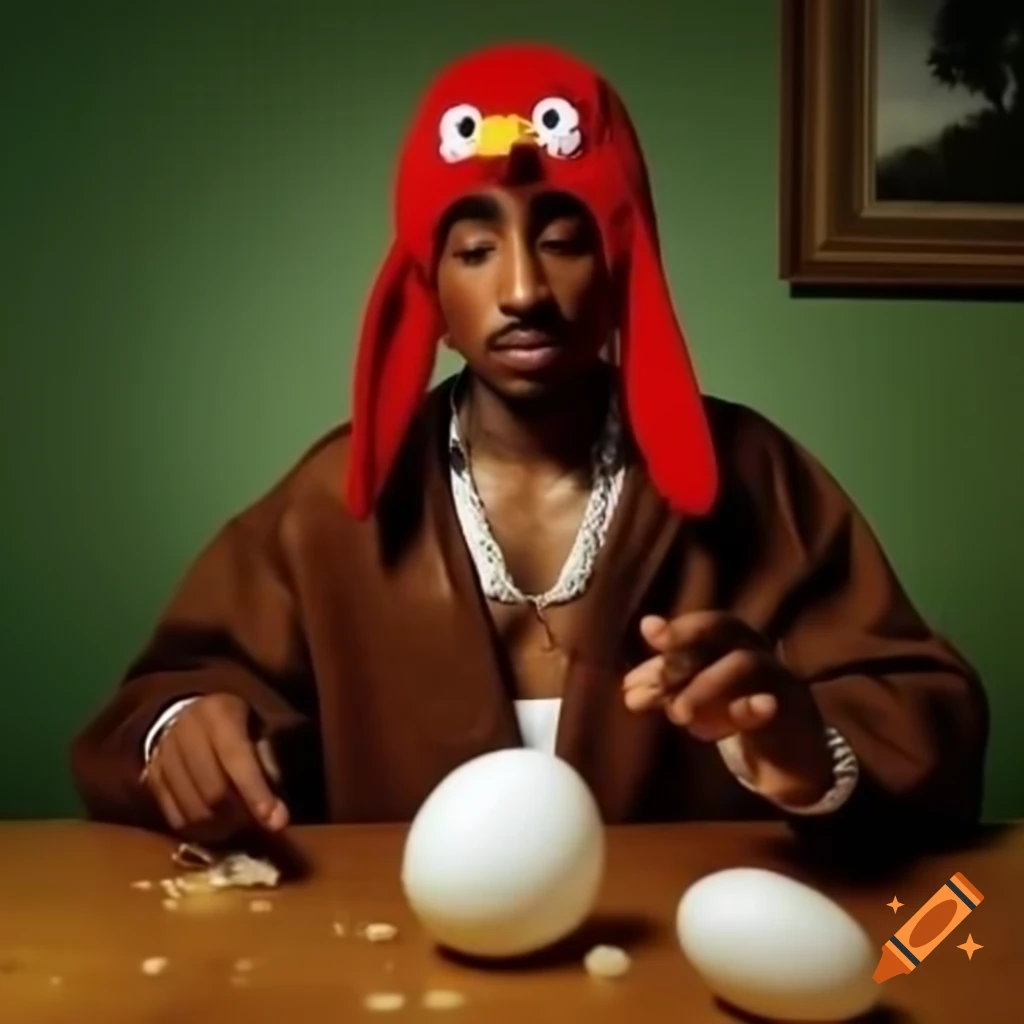 Tupac in turkey costume smashing an egg on a table on Craiyon