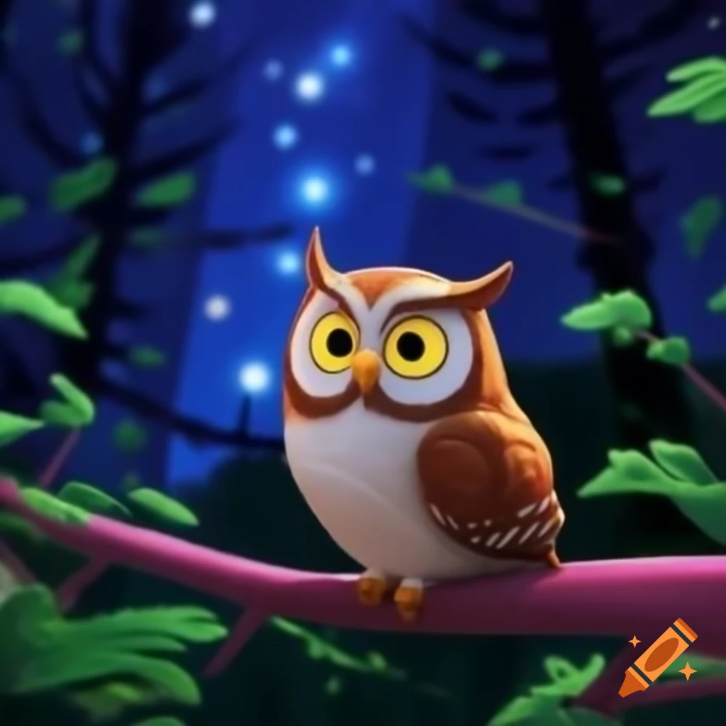 Owl on branch gazing at stars in Pixar animation style on Craiyon