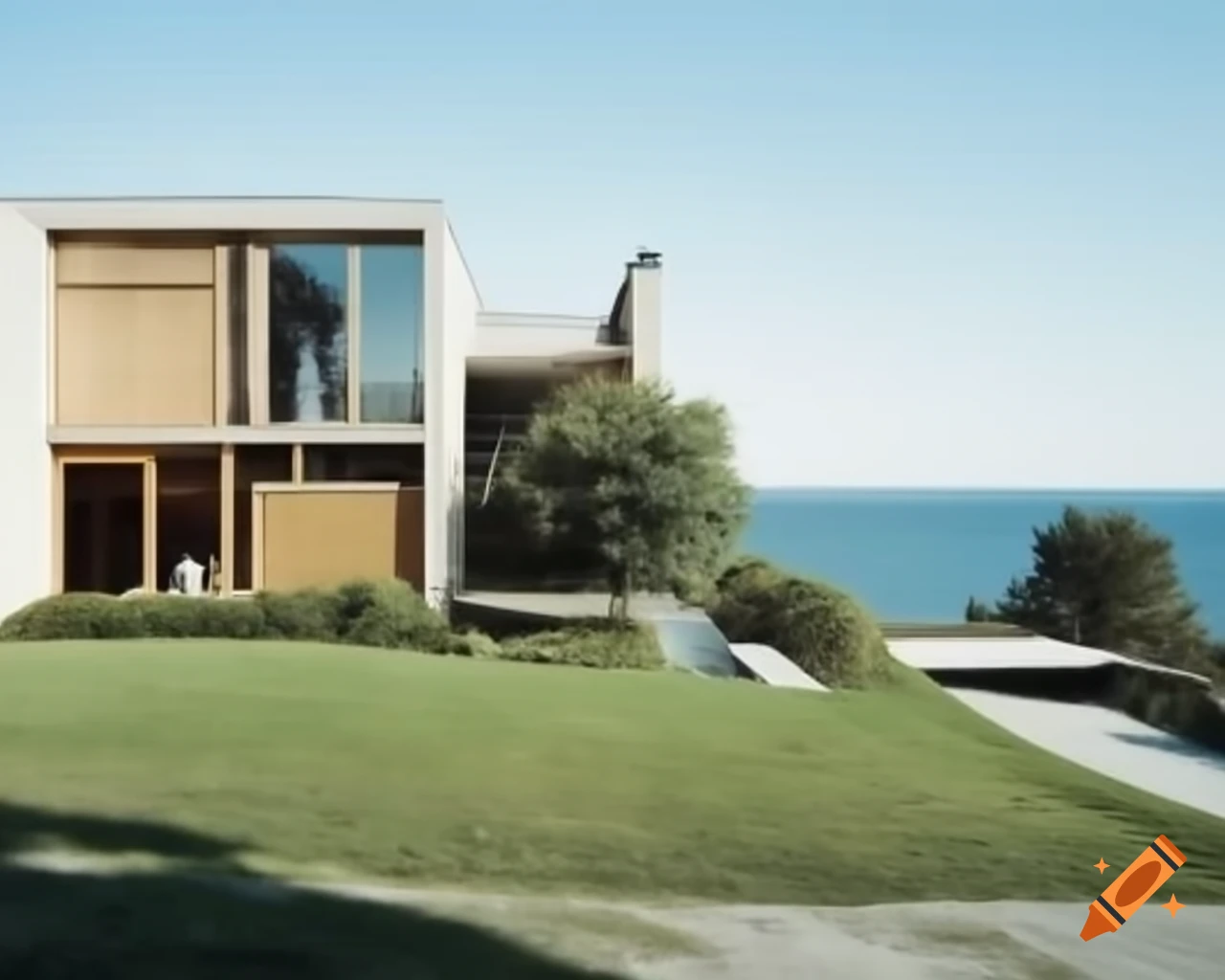 Beach house on sloped terrain with sea view and wave-inspired facade on ...