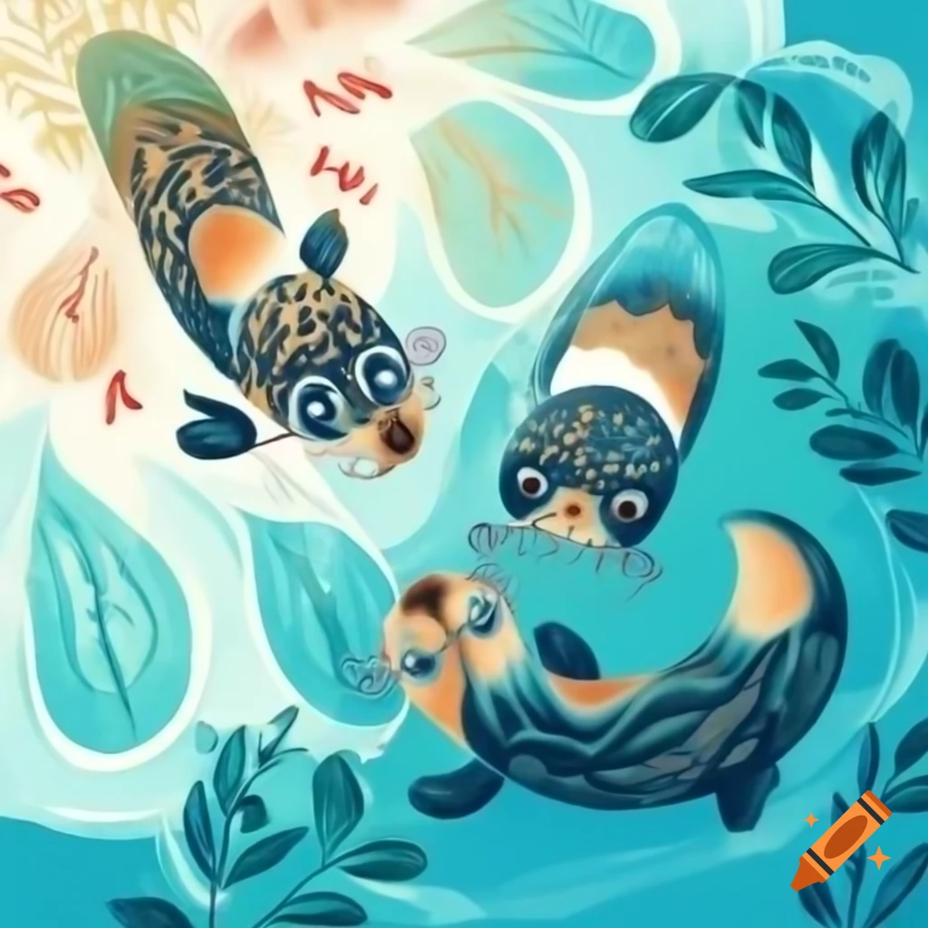 Intricate mandala design with sea otters swimming in light colors on ...