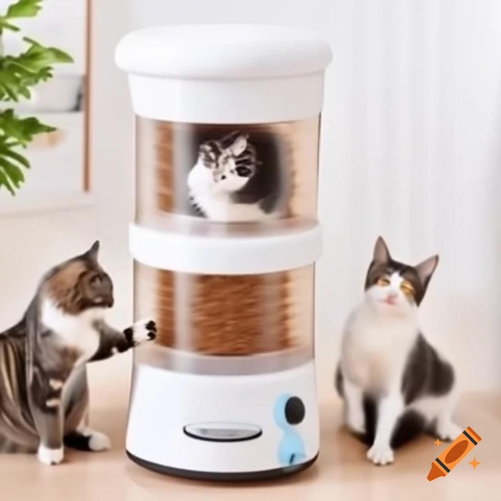 Automated wet cat food dispenser with three cats waiting on Craiyon