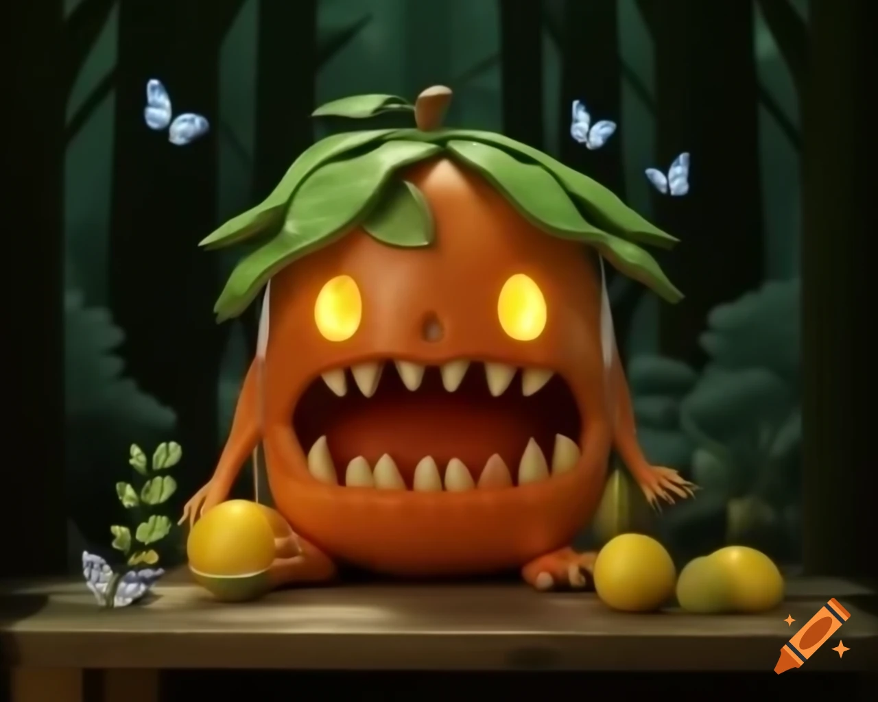 3D fruit tree monster with human face made of lemon on wooden table in ...