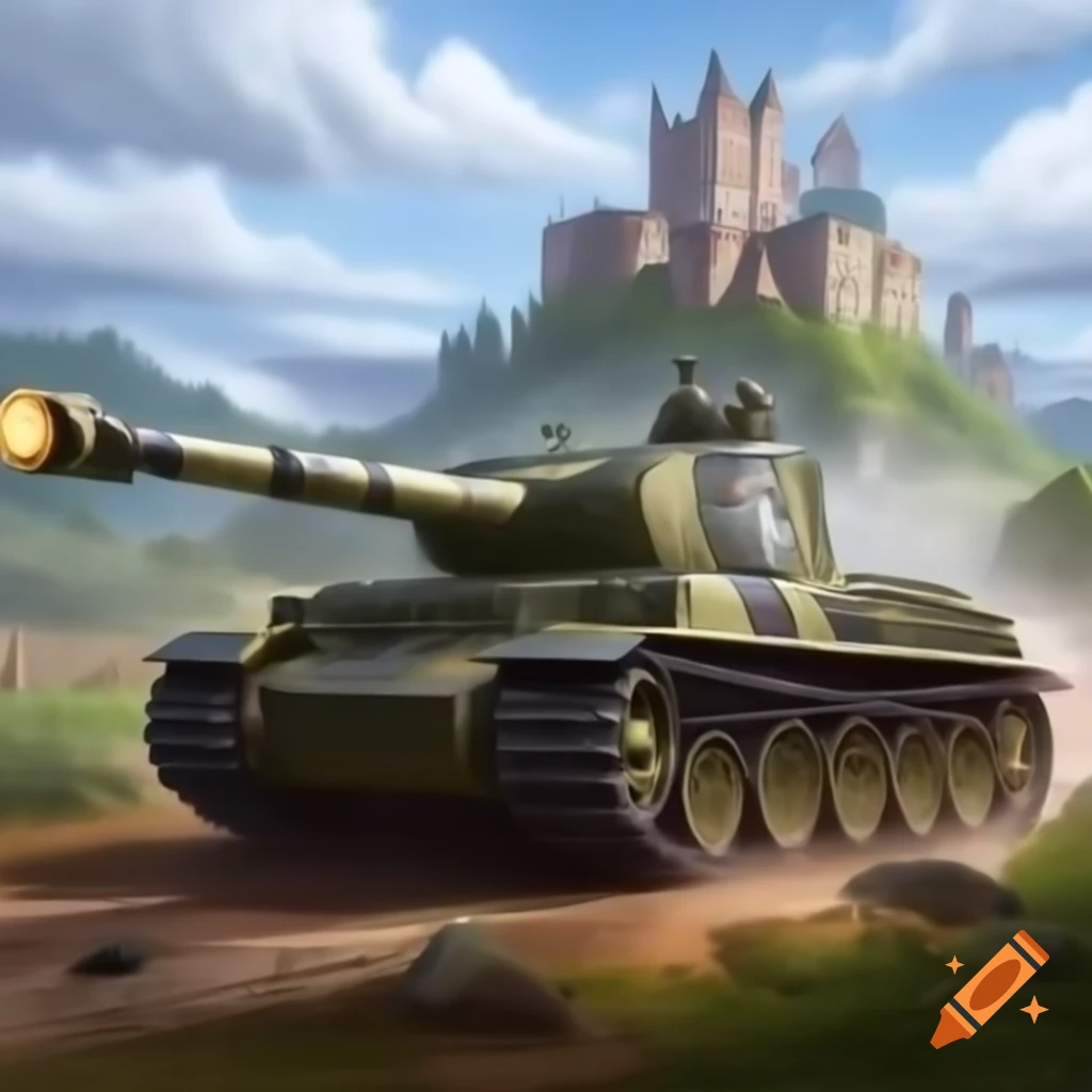 Tiger II tank approaching medieval castle on Craiyon