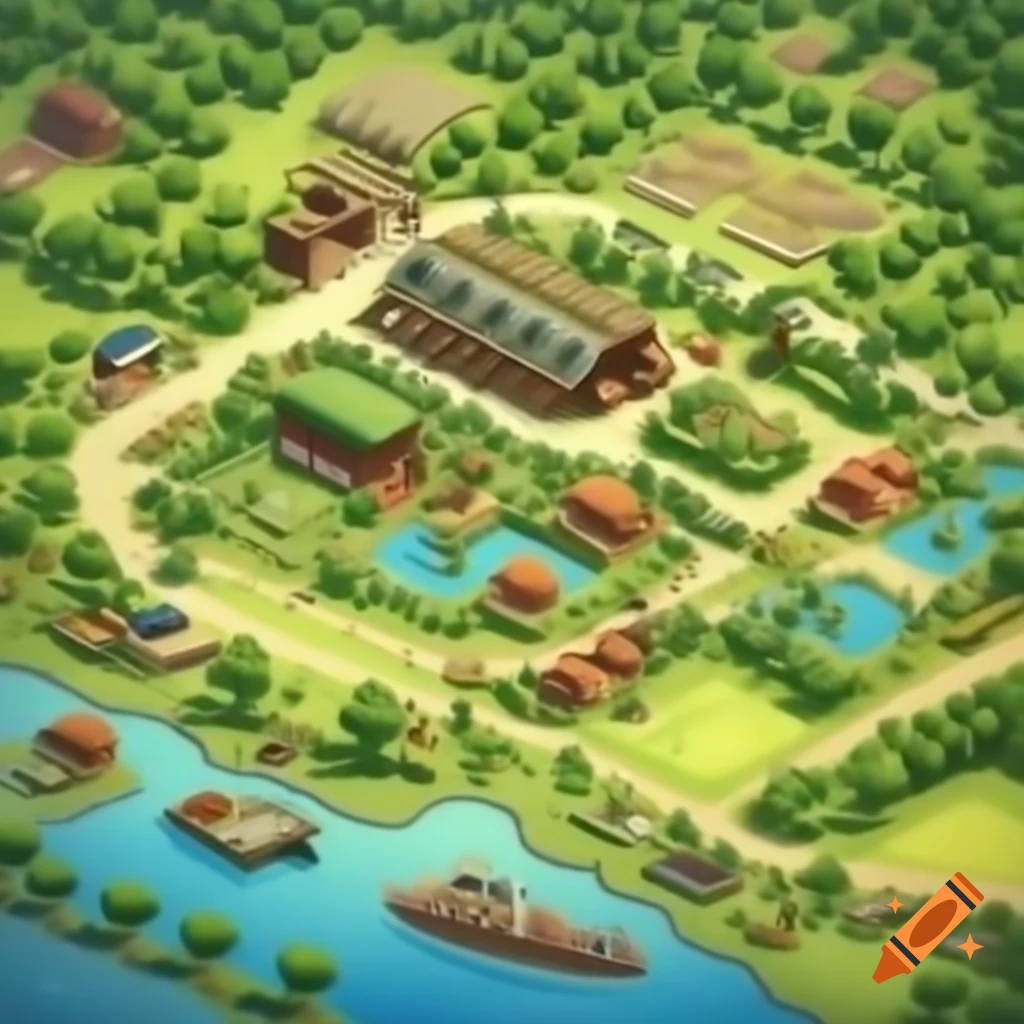 Vibrant village landscape with eco-tourism lodge and lush greenery on ...