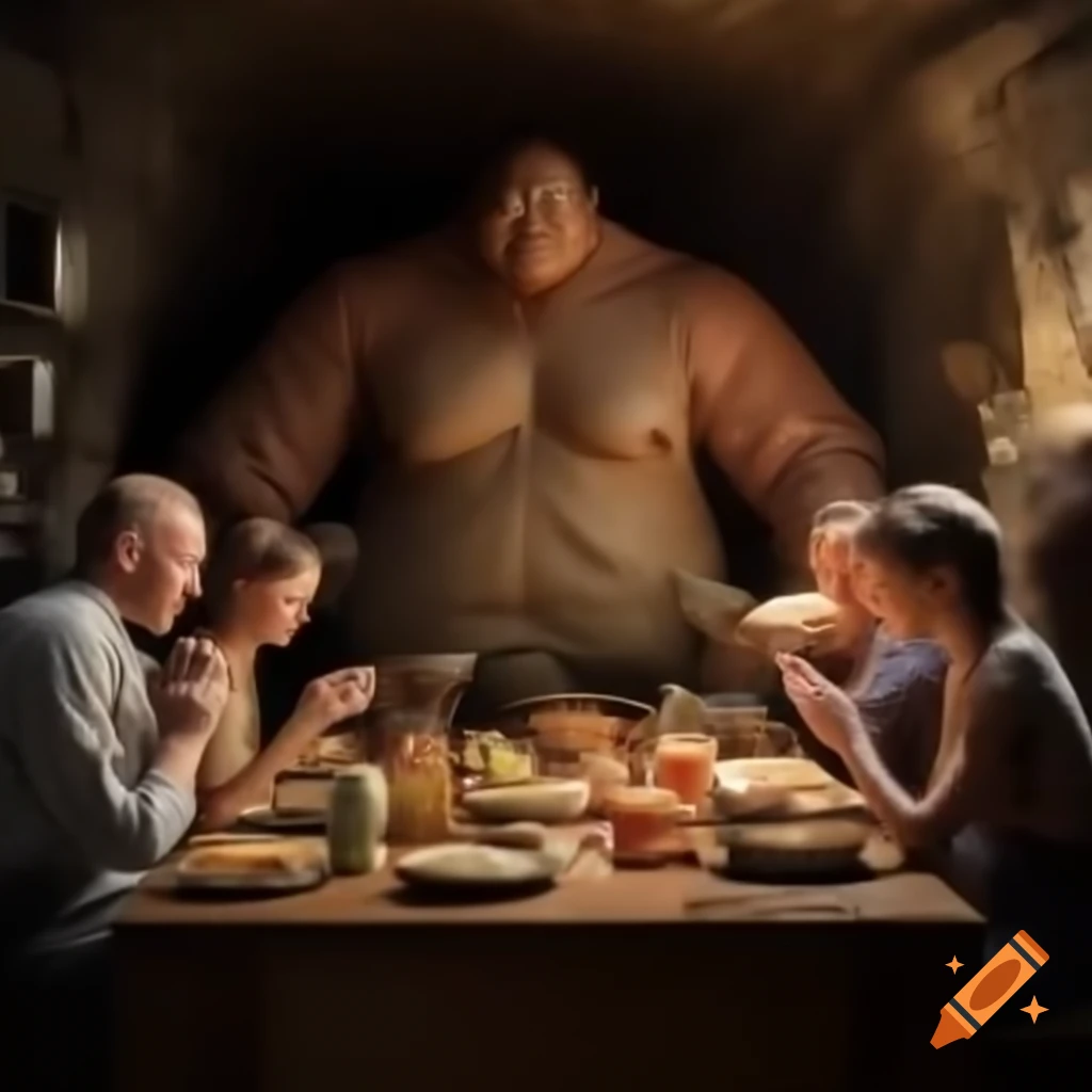 Cyclops holding captive three people in cave while cooking lunch on Craiyon