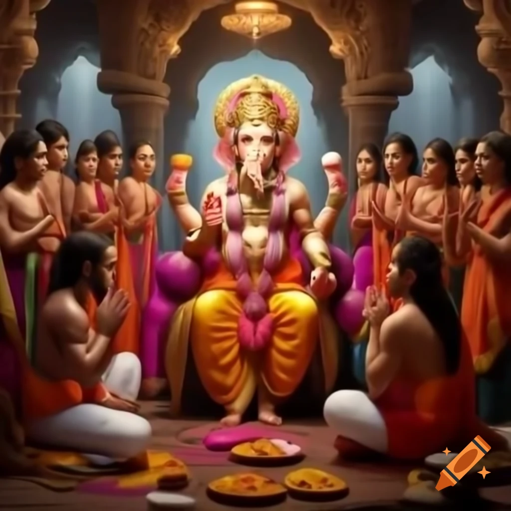 Group of gods in divine setting discussing prayers with ganesha and ...